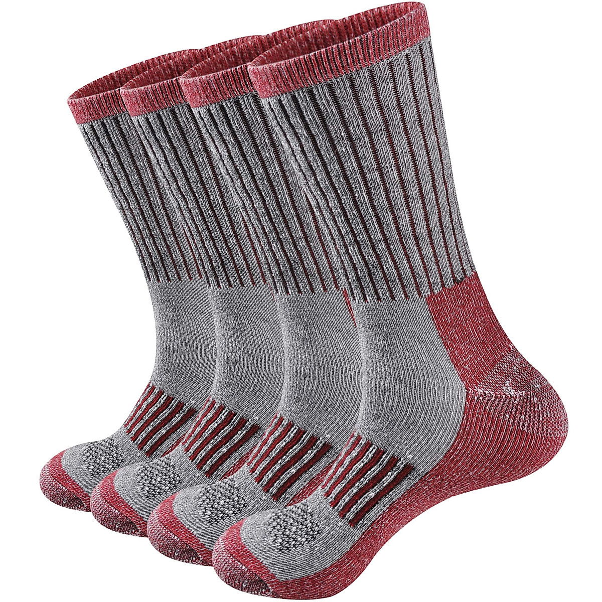 ECOEY Men's Merino Wool Cushioned Hiking Trekking Crew Socks 4 Pairs, Middle Calf Length with Moisture Wicking (Wine, US Shoe Size: Men 9.5-11.5/Women 11-13)