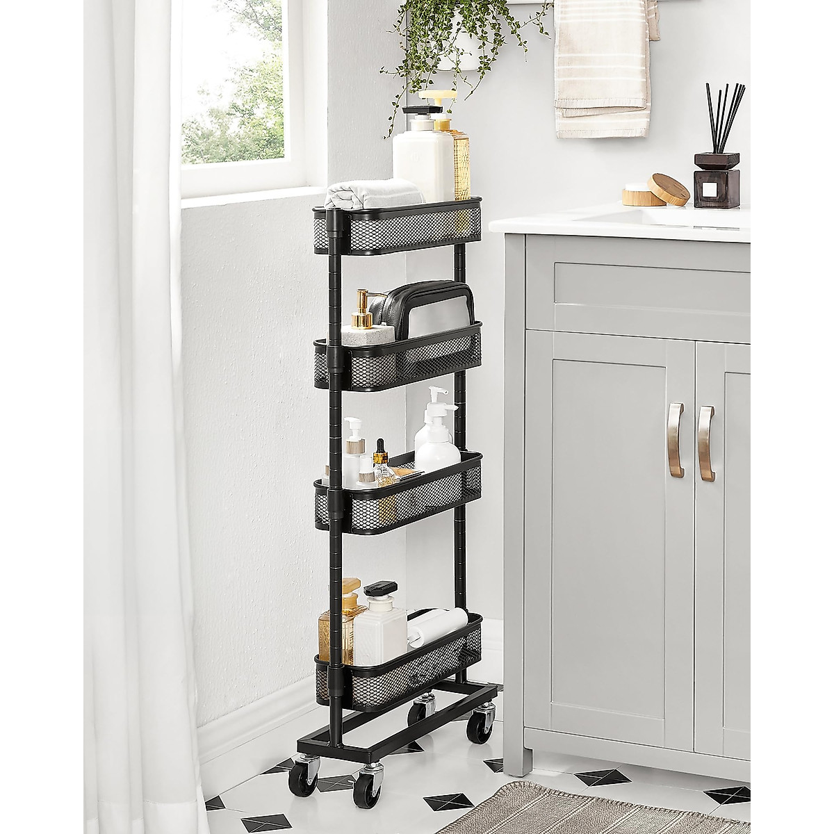 SONGMICS Slim Storage Cart, 4-Tier Metal Rolling Cart with Wheels, Flexible Baskets, Narrow Cart for Kitchen, Bathroom, Laundry Room, Easy Assembly, Black UBSC065B01