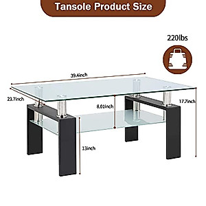 Rectangle Glass Coffee Table Metal Tube Legs End Table for Livingroom Tansole Black 39.4x23.7x17.7