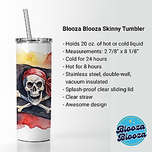 Pirate Jolly Roger Skull Crossbones Flag Watercolor Skinny Tumbler 20oz with Straw Insulated Water Bottle Gift