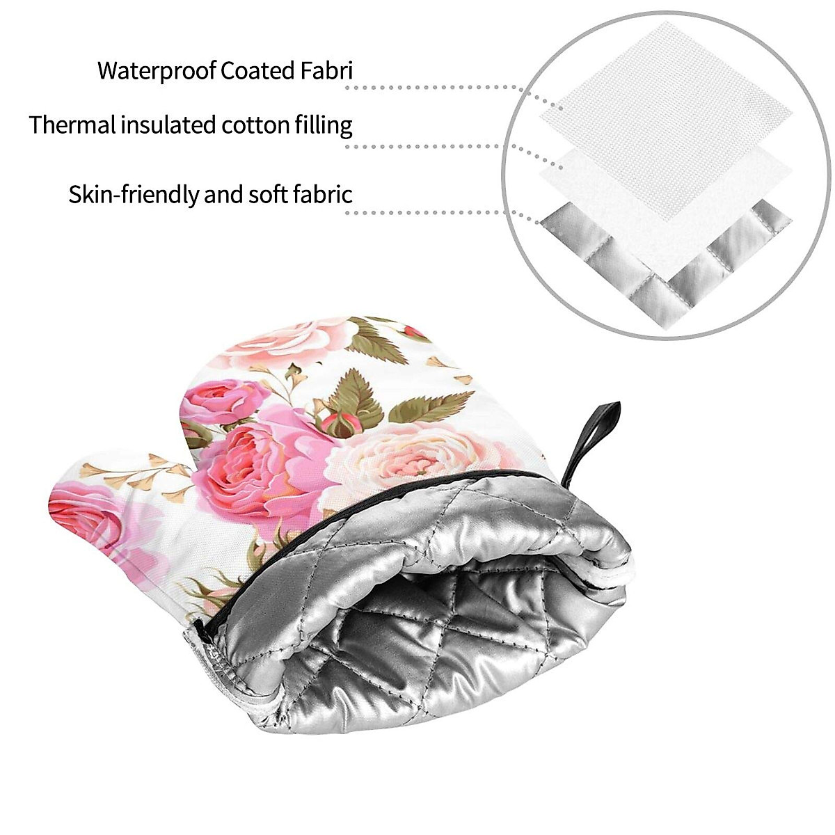 YILEQUAN Floral Flower Rose Pink Print Oven Mitts and Pot Holders Sets,Kitchen Oven Glove High Heat Resistant 500 Degree Oven Mitts and Potholder,Surface Safe for Baking, Cooking, BBQ,Pack of 4