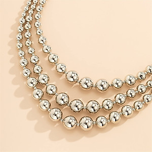 Punk Layered Chunky Bead Ball Chain Collar Choker Necklace Hip Hop Bib Statement Necklace for Women Friend Stacking Wedding Jewelry Christmas Gift-B silver-1