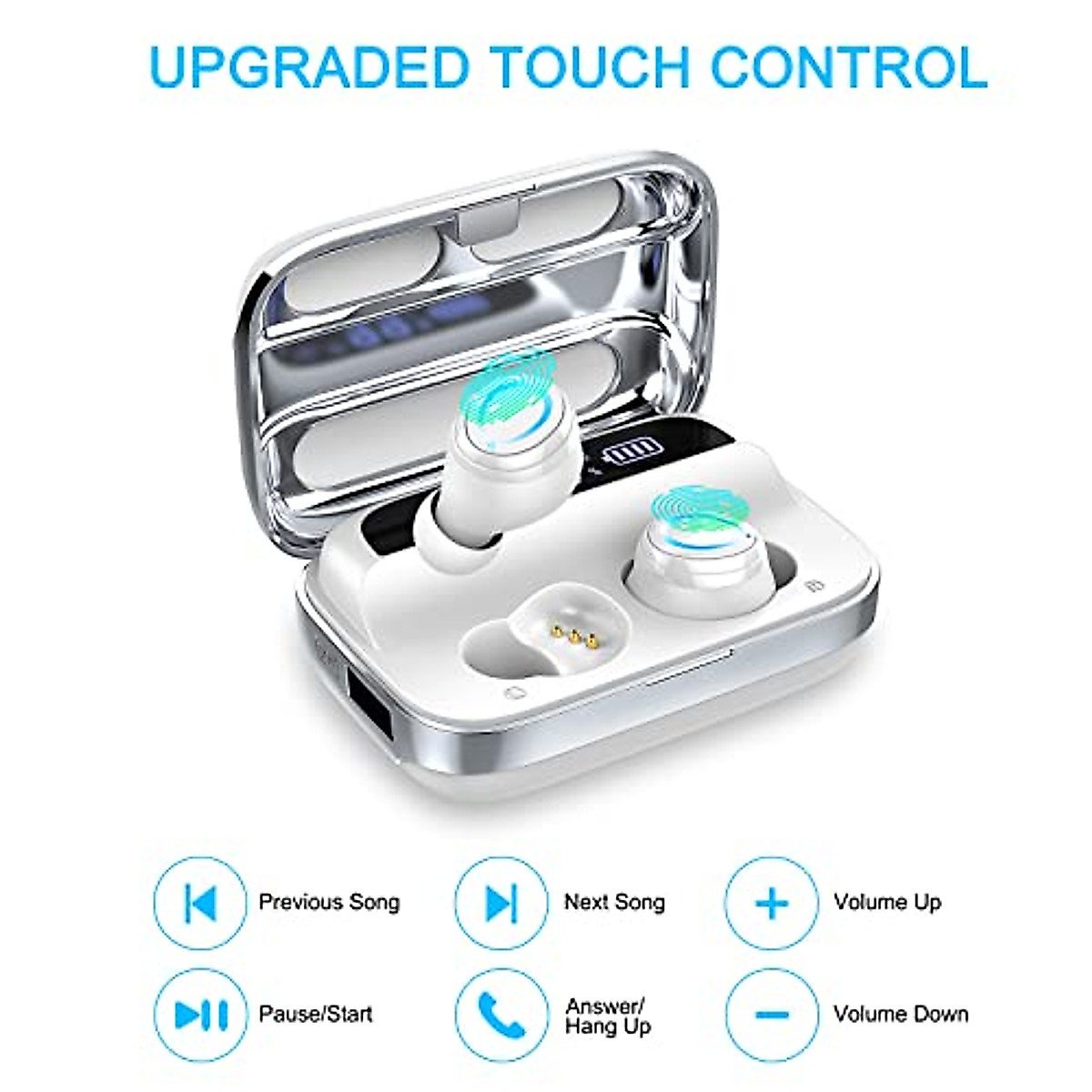 Donerton Wireless Earbud 5.1 Headphones 80 Hours Playtime Earphones with Charging Case, in Ear Headset IP7 Waterproof Earbud Noise Cancelling Microphone, LCD Display, for Working, White