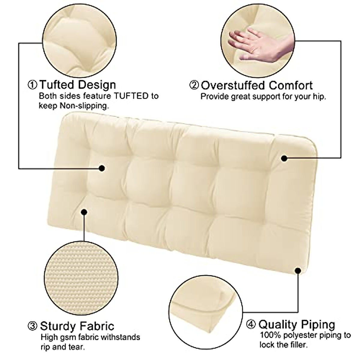 LOVTEX Tufted Bench Cushions for Outdoor Furniture Waterproof, 44 x 19 inches Patio Swing Cushions Beige - Overstuffed Indoor/Outdoor Loveseat Cushions with Round Corner