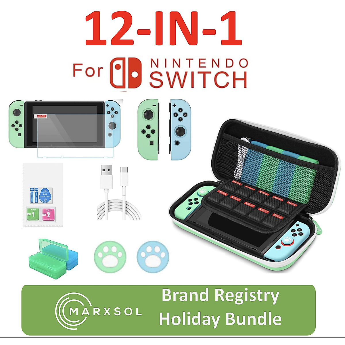 Nintendo Newest Switch 32GB Console with Neon Blue and Neon Red Joy-Con, 6.2" Touchscreen 1280x720 LCD Display, 802.11AC WiFi, Bluetooth 4.1 + MarXsol_12-in-1 Accessories Holiday Bundle