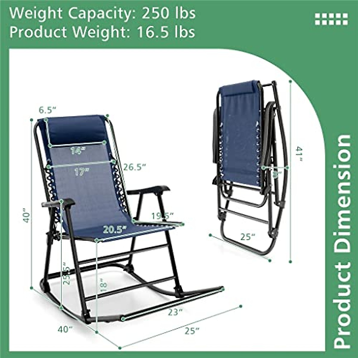 PDGJG 2 Piece Patio Camping Rocking Chair Folding Rocking Chair Footrest