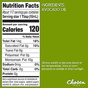 Chosen Foods 100% Pure Avocado Oil, Keto and Paleo Diet Friendly, Kosher Oil for Baking, High Heat Cooking Oil, Frying, Homemade Sauces, Dressings and Marinades (1.75 liters)