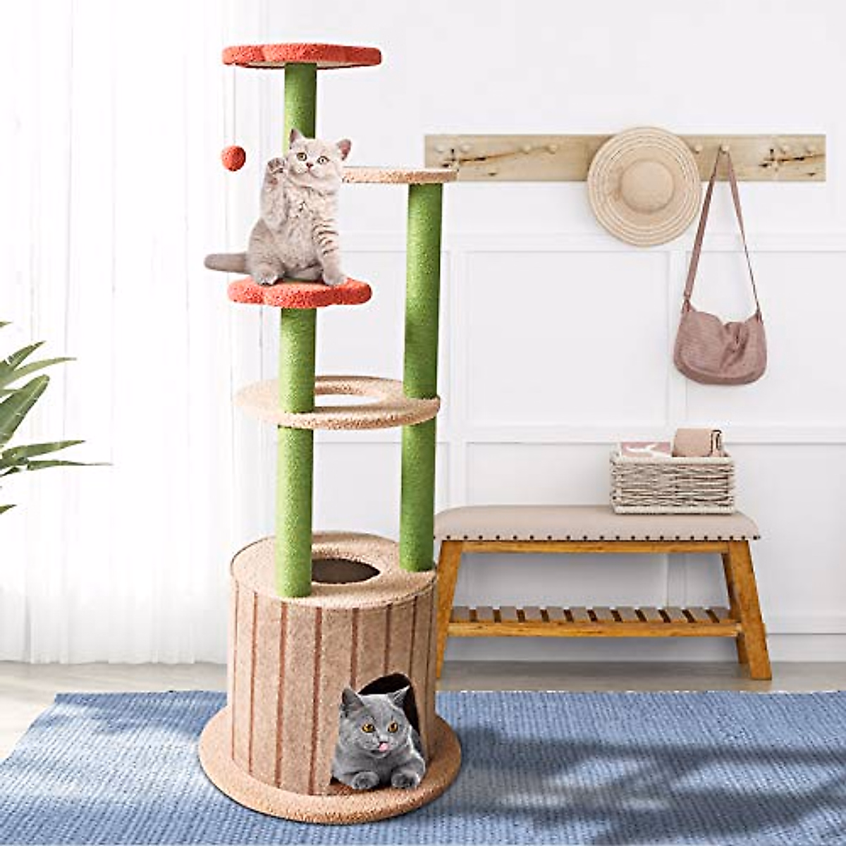 SENNAUX 51in Cat Tree Multi-Level Cat Tower Cat Condo Cat Activity Tree with Sisal Scratching Post Cat Climbing Flower Tower House for Cats Kittens Pets 6 Layers(Light Brown&Red)