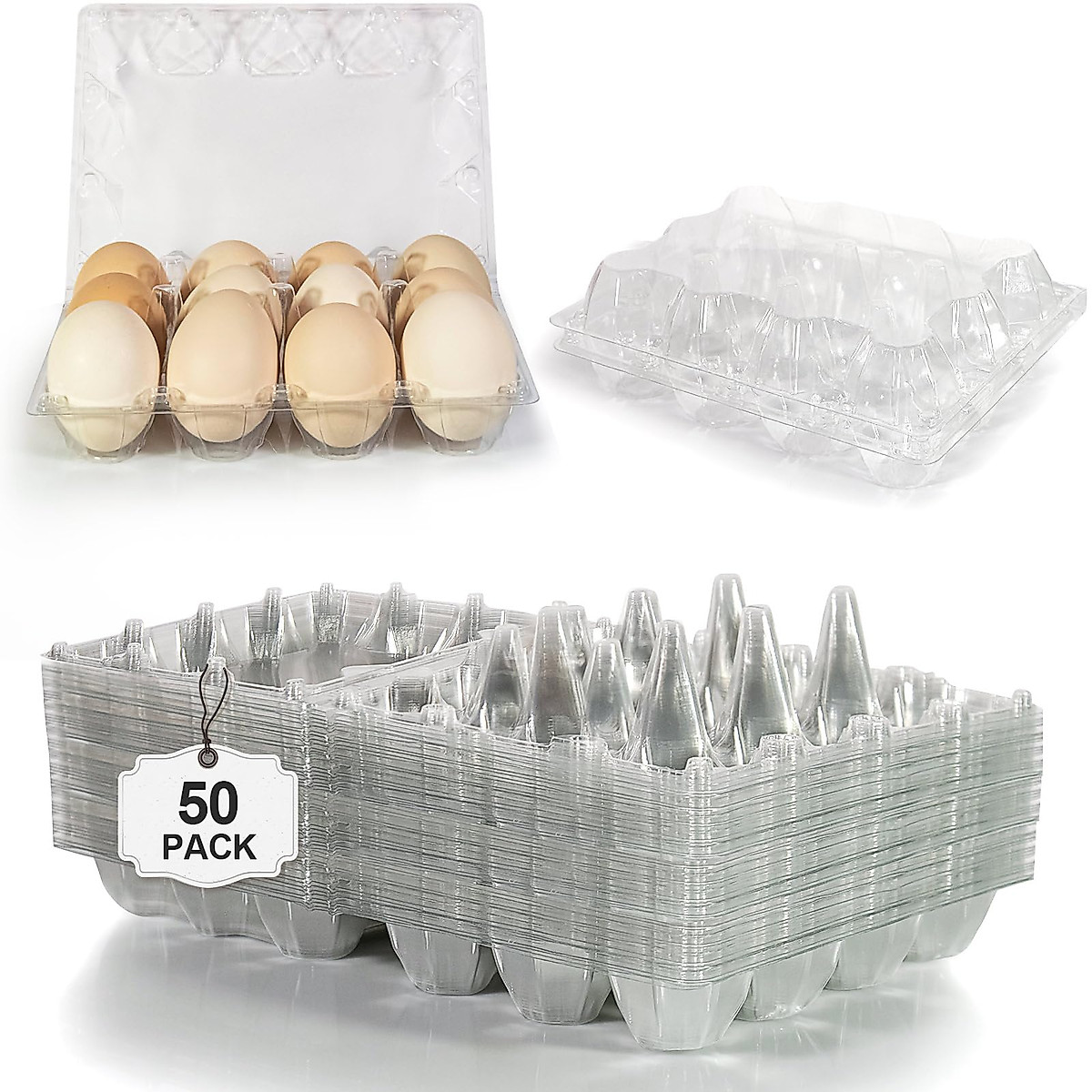 Pintuson 50 Pack Egg Cartons Cheap Bulk 12 Count - Holds 1 Dozen Clear Blank Egg Cartons for Chicken Eggs - Clear Empty Chicken Egg Carton for Fresh Medium Eggs