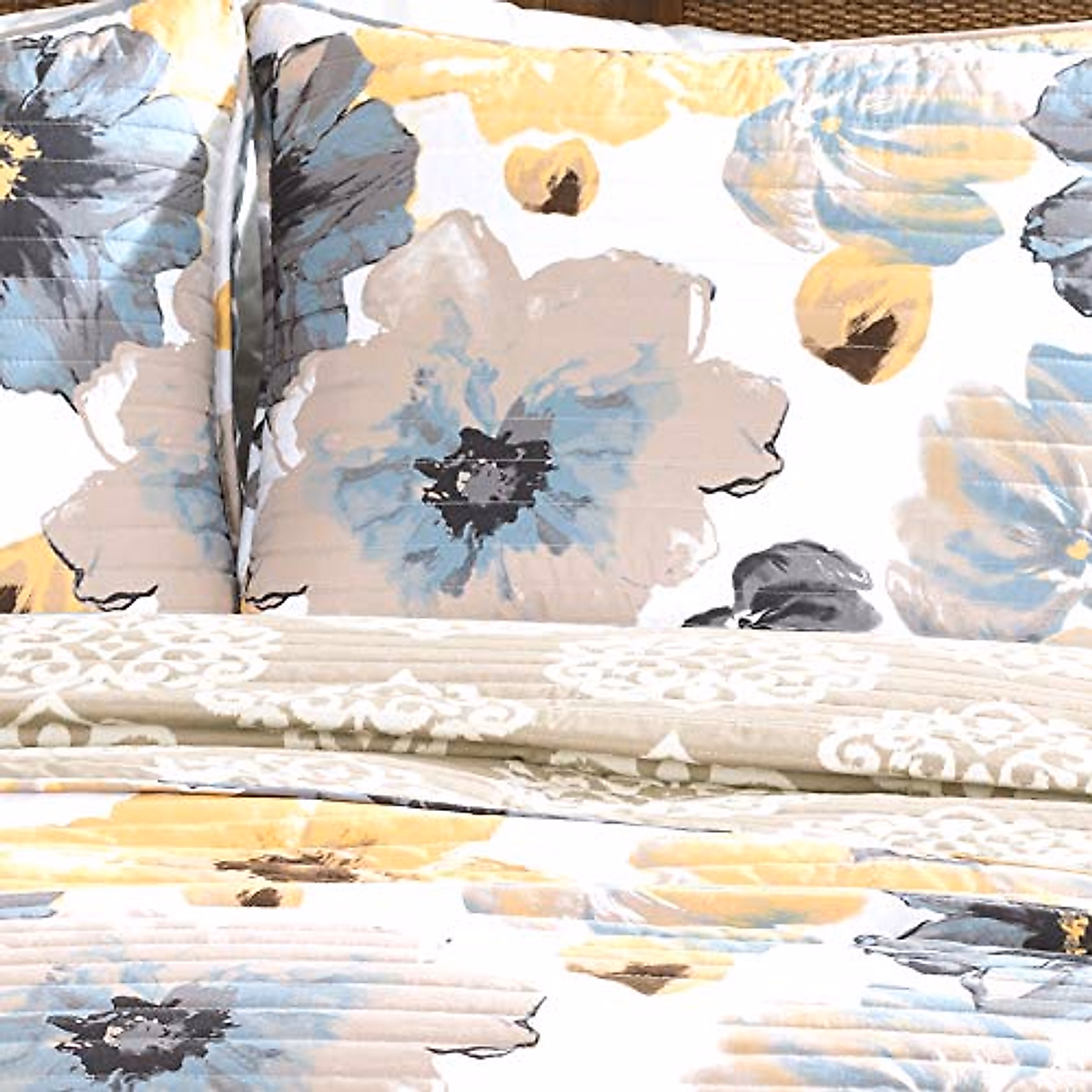 Lush Decor Leah 3 Piece Floral Reversible Quilt Set, Full/Queen, Yellow & Gray