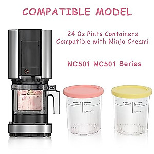 XSKPNTLTD2 Ice Cream Pints Container and Lids Replacement Compatible with Ninjia, 24 oz Cream Pints with Scoop Compatible with Creami Deluxe NC500 Series ice Cream Makers（2 PACKS）…