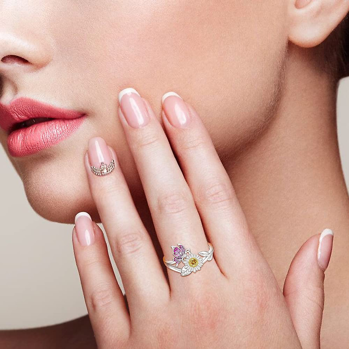 Fenthring Daisy Ring Butterfly Gifts for Women Flower Jewelry Sunflower Sterling Silver Engagement Dainty Cubic Zirconia Cute Rings Size 7