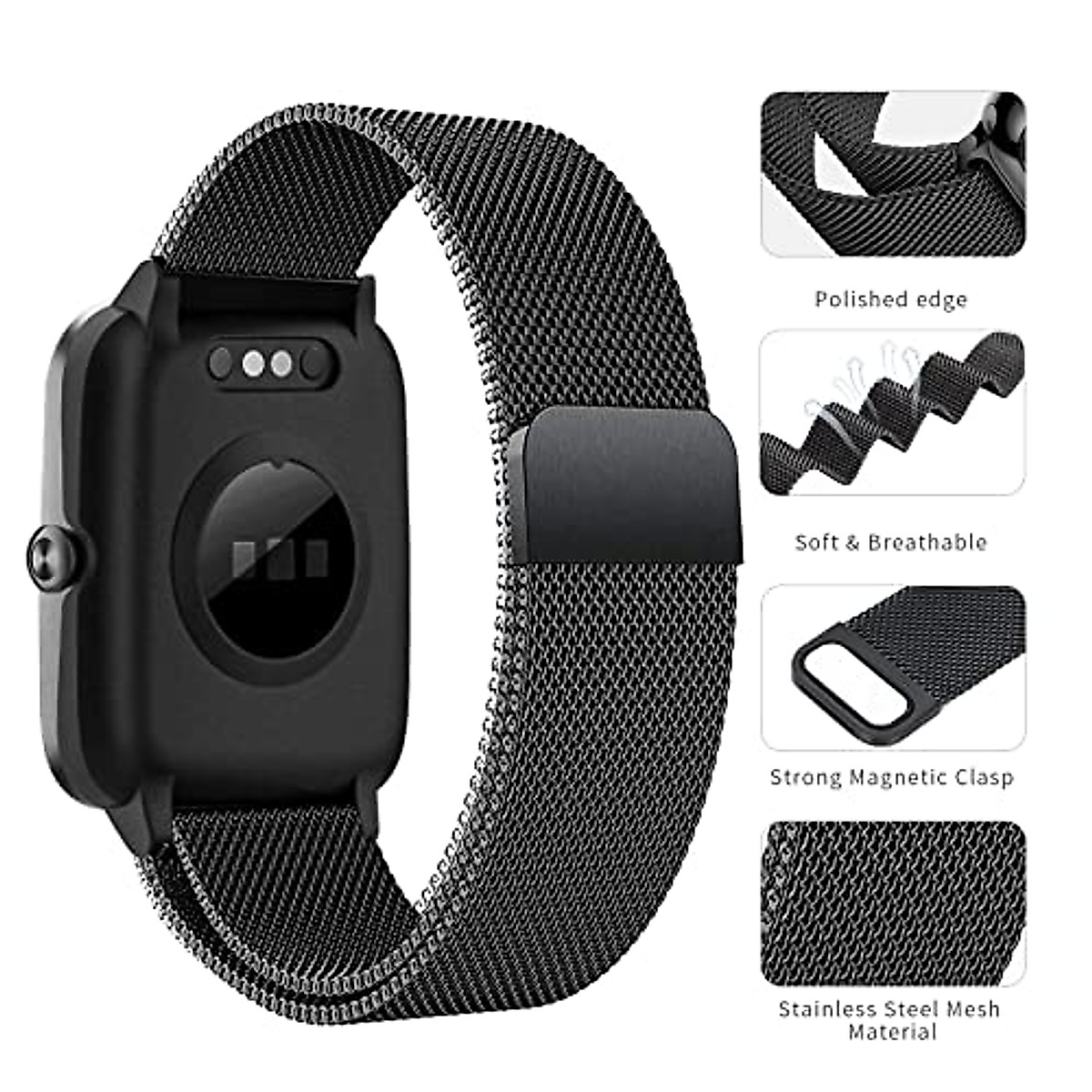Snyeest Magnetic Bands Compatible with 19mm ID205L Veryfitpro Smartwatch, No Buckle Design, Stainless Steel Mesh Loop Replacement Strap for Men Women for ID205L, ID205G ID205 ID205U ID205S, Black