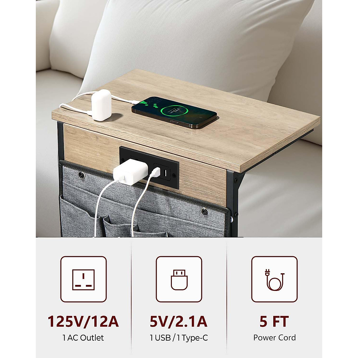 Evermagin C Shaped End Table with Charging Station, Small Side Table for Recliner, Over Couch Table with Outlet and Storage Bag, Slide Under Sofa Tray Table for Living Room, Bedroom, Greige