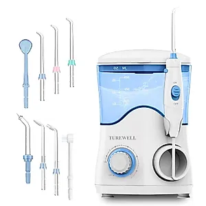 TUREWELL FC162 Water Dental Flosser for Teeth/Braces,10 Pressure Levels, 8 Water Jet Tips for Family, 600ML Electric Water Dental Oral Irrigator for Teeth Clean (White)