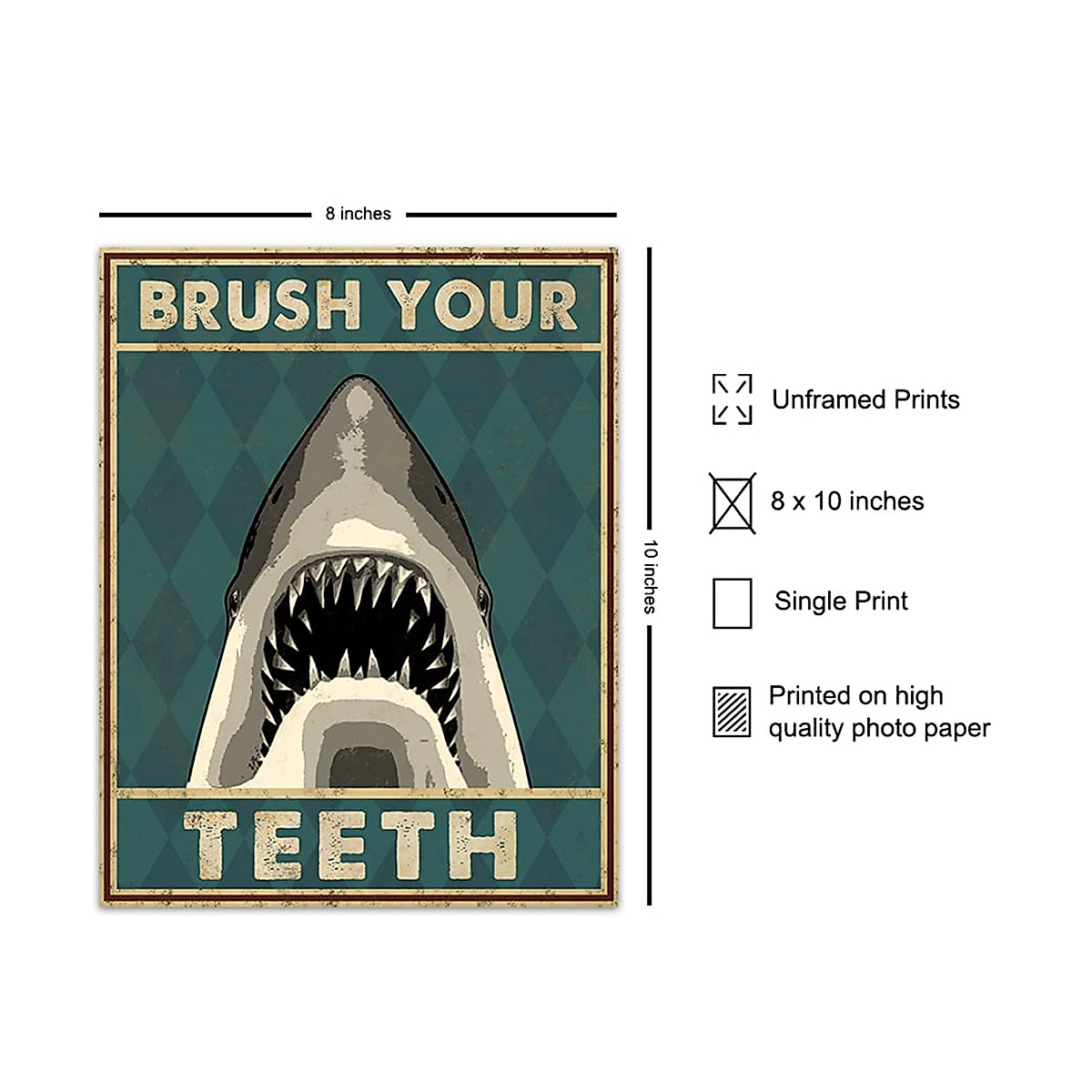 Boys Bathroom Wall Art & Decor - Brush Your Teeth Kids Bathroom Decor - Beach Bathroom Decor - Funny Shark Bathroom Decor - Bath Wall Decor - Unique Restroom Sign - Bathroom Pictures Poster Prints