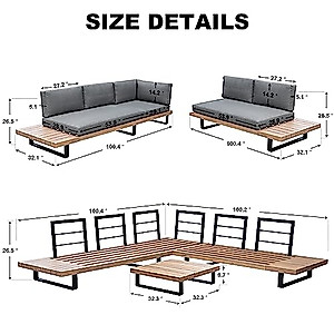 Homedot Patio Sofa Set with Metal Frame, Extra Large L Shaped Outdoor Sectional Sofa Set with Built-in Side Table, Modern Patio Conversation Set with Coffee Table&Removable Cushion for Garden