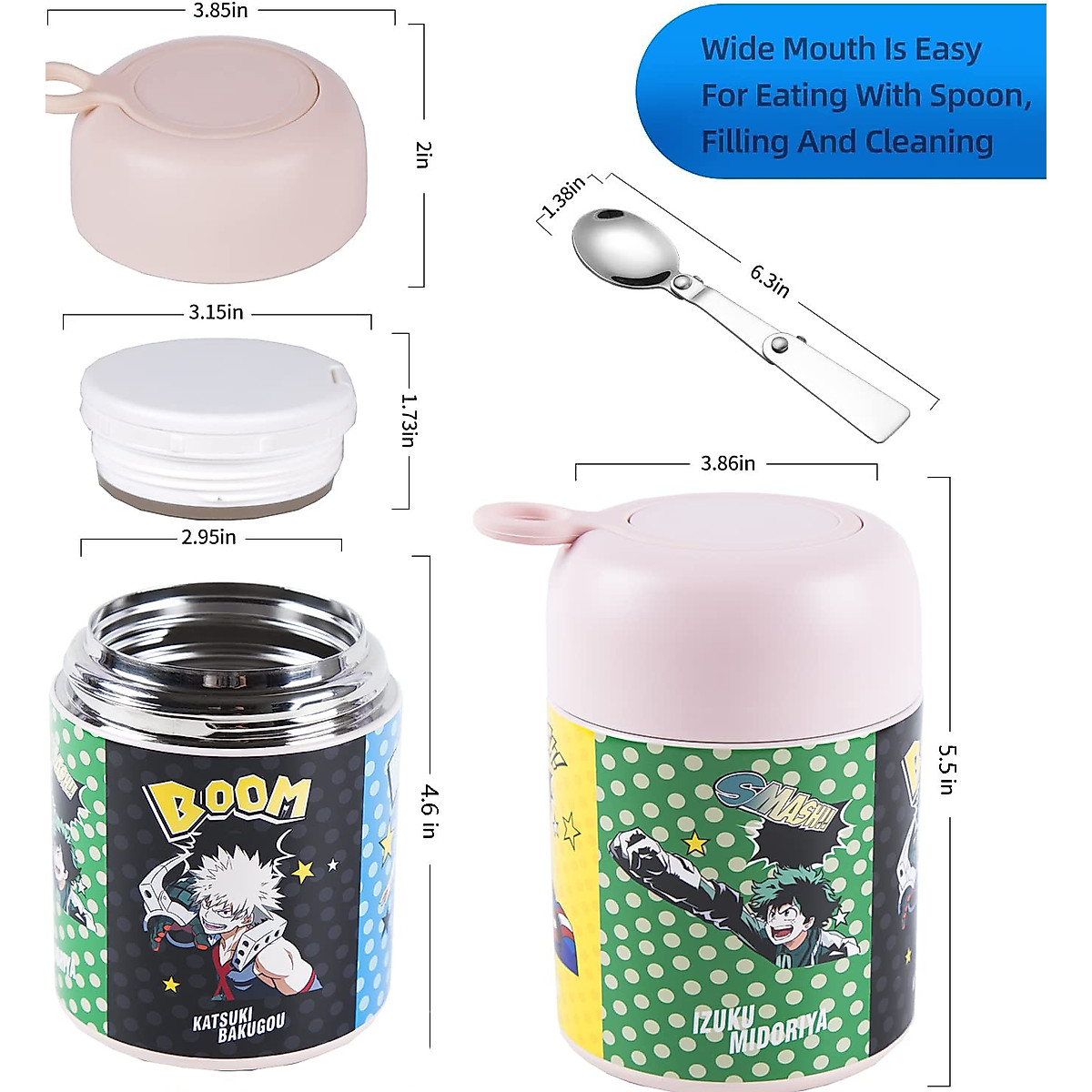 Maxerkeep Japanese Anime todoroki Deku izuku midoriya Bakugo 17oz Vacuum Insulated Soup Flask, Stainless Steel Lunch Container for Hot Food,Food Jar for Toddlers & Kids