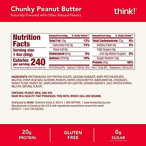 think! Protein Bars, High Protein Snacks, Gluten Free, Kosher Friendly, Chunky Peanut Butter, Nutrition Bars, 2.1 Oz per Bar, 10 Count (Packaging May Vary)