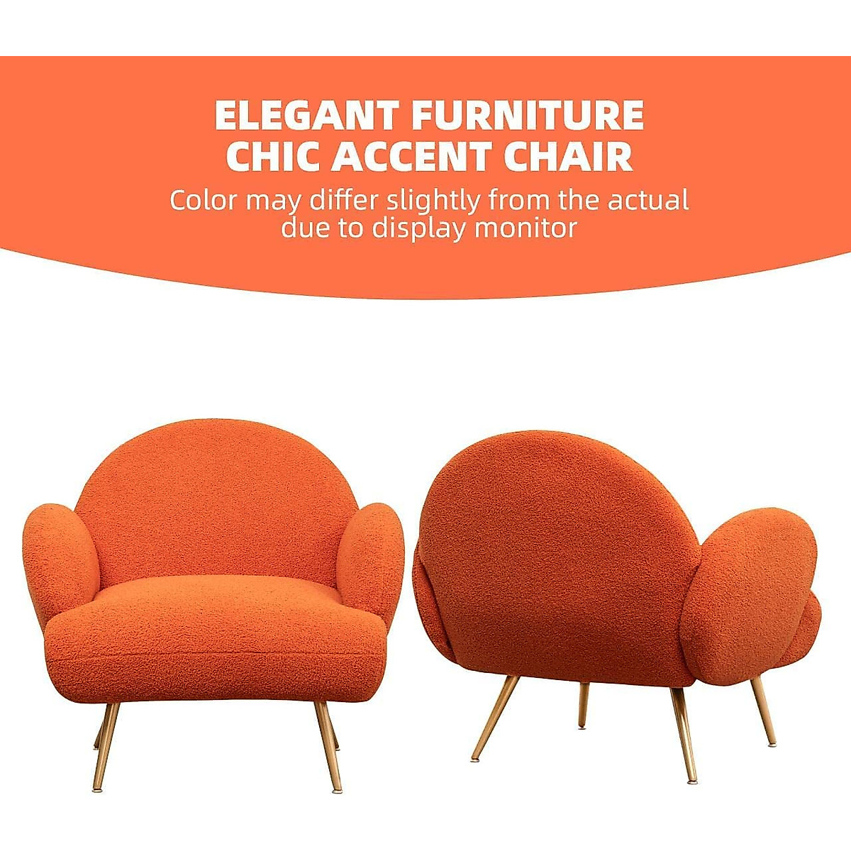 AISALL Accent Chair Orange with Golden Metal Legs,Reading Chair for Bedroom Comfy, Boucle Sherpa Chair for Living Room, Bedroom, Side Chair