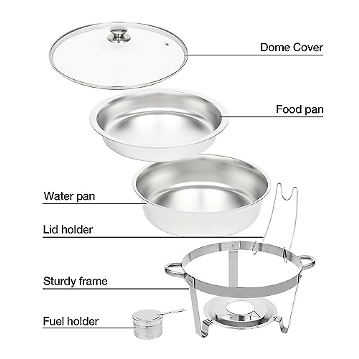 Restlrious Chafing Dish Buffet Set 4 Pack, 7.5 QT Stainless Steel Round Chafers and Buffet Warmers Set with Glass Viewing Lid and Lid Holder, Food Warmer for Catering, Party, Wedding, Banquet, Events