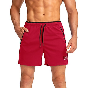 Men's Running Shorts with Zipper Pockets Quick Dry Gym Athletic Workout 5" Shorts for Men (red, Medium)