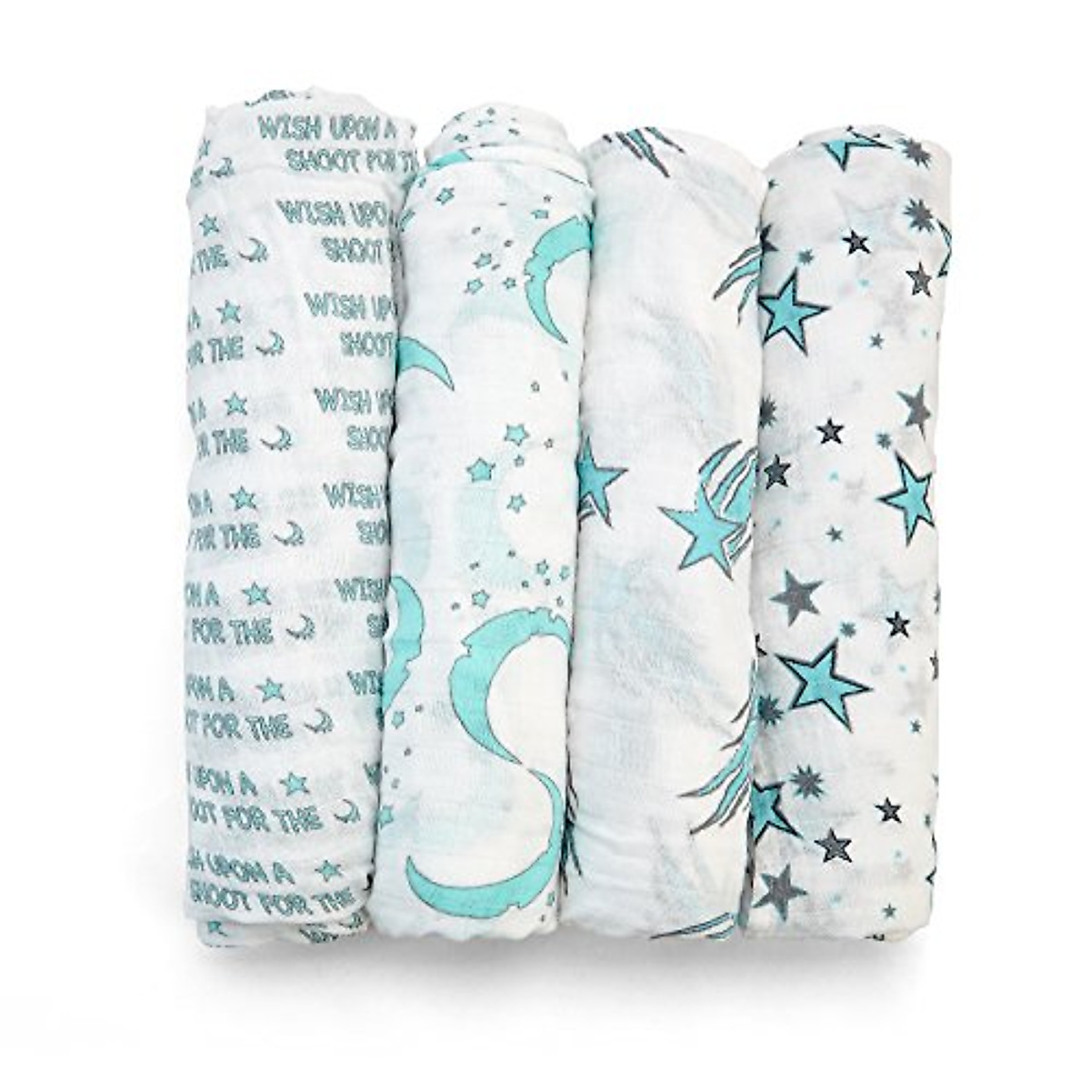 Adam & Elsa Baby Swaddling Blankets Organic Silky Soft Muslin Cotton Bamboo - Exclusive Prints - Boys & Girls Unique Gift Box - Unisex 4 Pack Oversized (Aqua Blue Wish Upon Star & Moon)