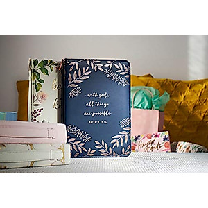 Eccolo Bible Cover Case for Men and Women, Gold Floral Engraved Faux Leather Design with Zipper and Handle, Small Book Cover Holds & Protects Small Bibles Up to 6 x 5 x 1.5 inches (Navy Blue)