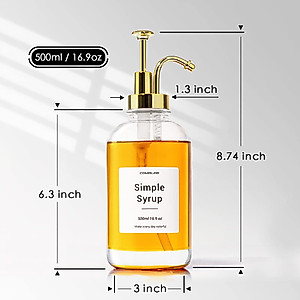 Combler Coffee Syrup Dispenser for Coffee Bar Accessories, 16.9oz 500ml Syrup Bottles 2pcs Set, Glass Syrup Dispenser w. Gold Pumps and Labels, Coffee Accessories for Cinnamon, Vanilla, Caramel, Gifts