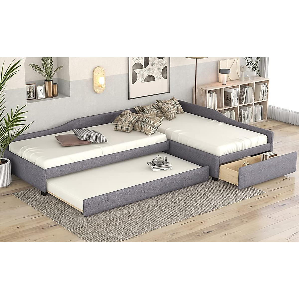 Harper & Bright Designs Upholstered Double Twin Size Daybed with Trundle and Drawer for Kids Boys Girls Student, Gray