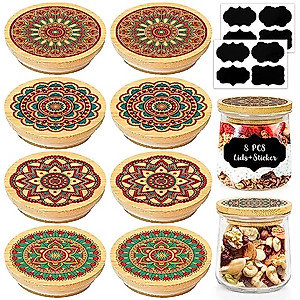 ANNOR 8 Pack Oui Yogurt Jar Lids Reusable Bamboo Wooden Lids with Mandala Patterns, Silicone Sealing Rings and Yogurt Bottle Label, Fit for Oui Yogurt Jars
