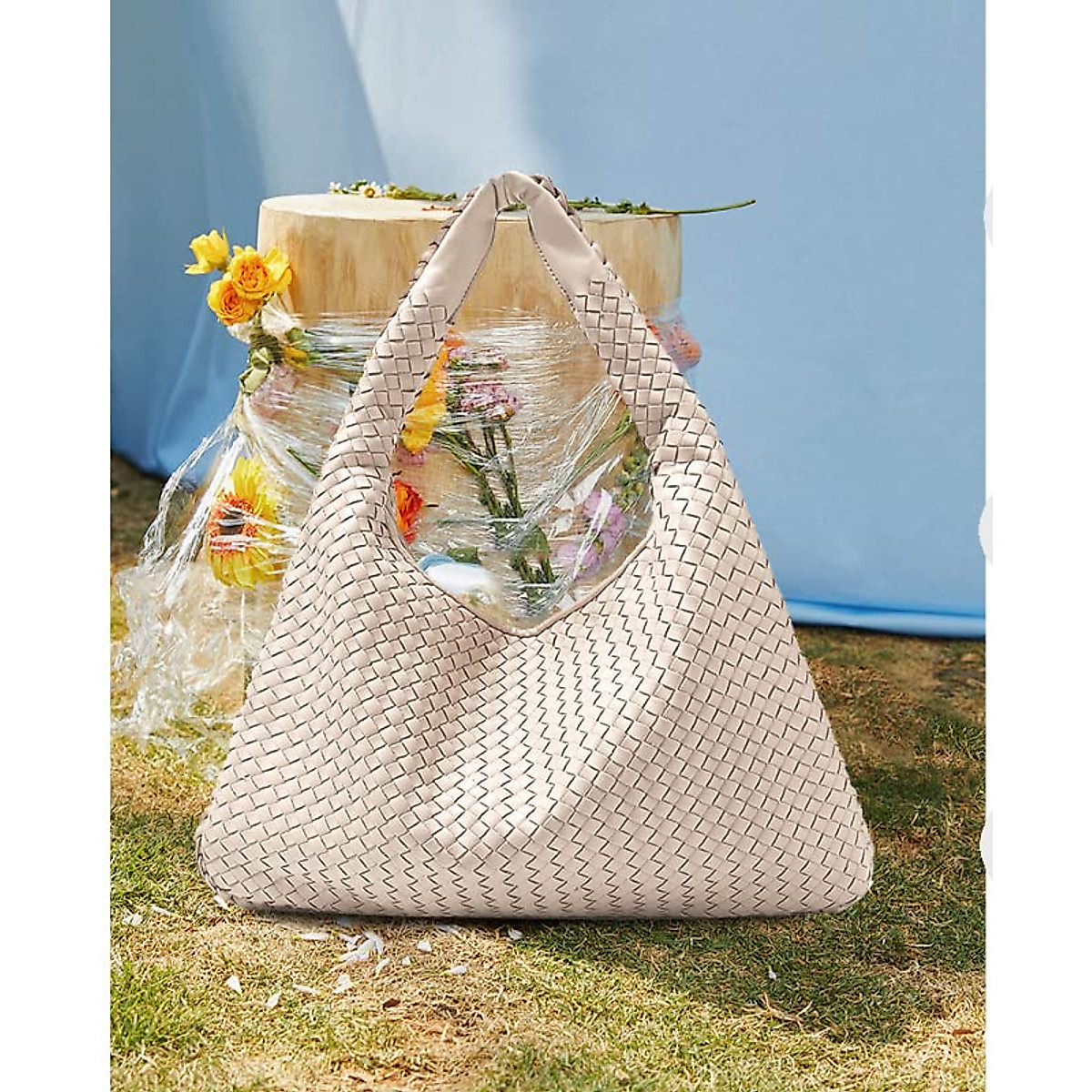 Women's Leather Woven Tote Handbag,Handmade Large Capacity Shoulder Bags Travel Bag Shopper Bag Hobo Bag (Apricot)