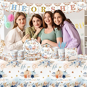 Pumpkin Gender Reveal Decorations Tableware, 142 Pcs Fall Gender Reveal Decorations includes He Or She What Will Our Pumpkin Be Plates and Fall Napkins, Pumpkin Gender Reveal for Fall Baby Shower