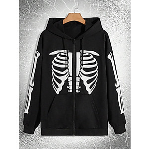 SHENHE Men's Skeleton Hoodie Drawstring Zip Up Graphic Sweatshirt Streetwear Black L