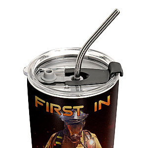 20oz Firefighter Tumbler, First in Last Out, Firefighter Gifts, Coffee Thermos for Men, Stainless Steel Double Wall Vacuum Insulated Coffee Mug, Travel Cup with Lid