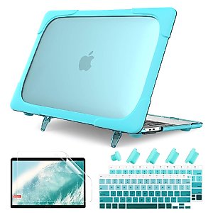 Batianda Heavy Duty Case for MacBook Air 13 inch 2020 A2179 A1932 A2337 M1 Chip with Touch ID, Hard Shell Cover with Foldable Kickstand Shockproof Function and Keyboard Cover, Cyan