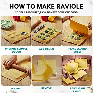 MUMSUNG Ravioli Maker Press, Ravioli Press Mold Set - 1.85" Squares Ravioli Stamp Maker Cutter with Wood Rolling Pin, 2.6" Empanada Maker Press Kit and Ravioli Wheel, Makes 8 Ravioli