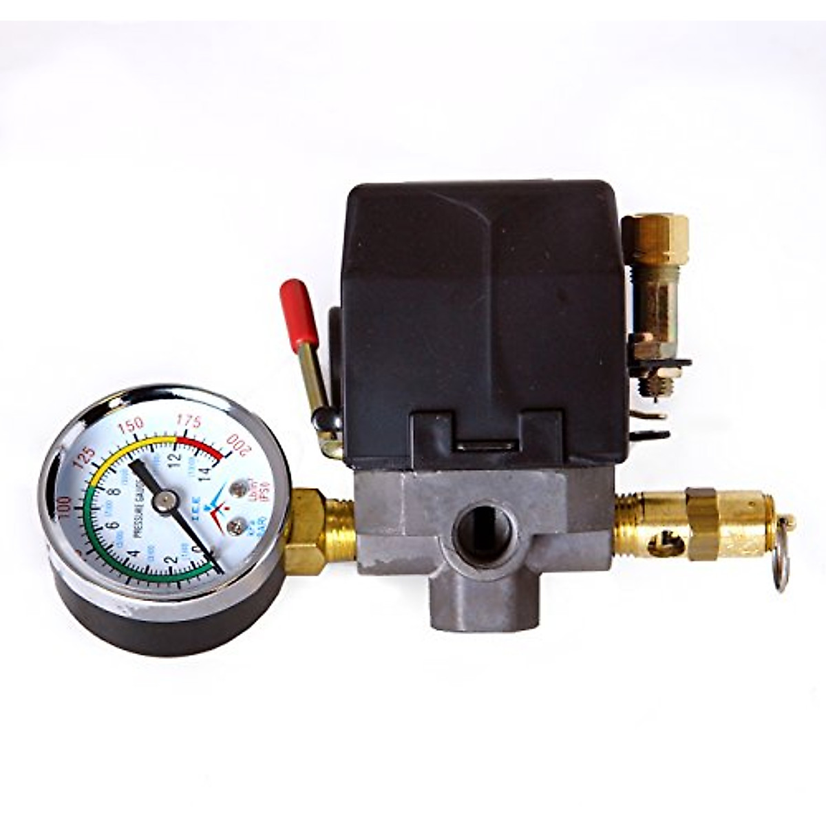 Air Compressor Pressure Control Switch 4 Ports 95-125 PSI w/ 0-200 PSI Gauge 150 PSI pop off valve