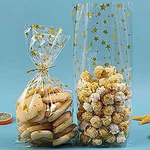 Gold Cellophane Bags,Star Cellophane Treat Bags with Twist Ties,Thick Plastic Small Cello Bags for Bakery,Cookies, Dessert Candy Buffet Supplies (50 Pack)