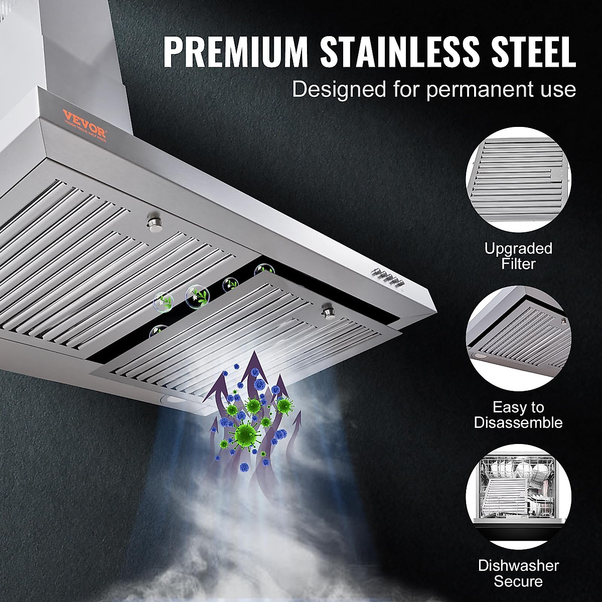 VEVOR TD1775Y-AC-I1 Wall Mount Range Hood Ducted Kitchen Stove Vent, Silver