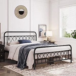 Yaheetech Queen Bed Frame Metal Platform Bed with Petal Accented Headboard/Footboard/14.4 Inch Under Bed Storage/No Box Spring Needed,Black