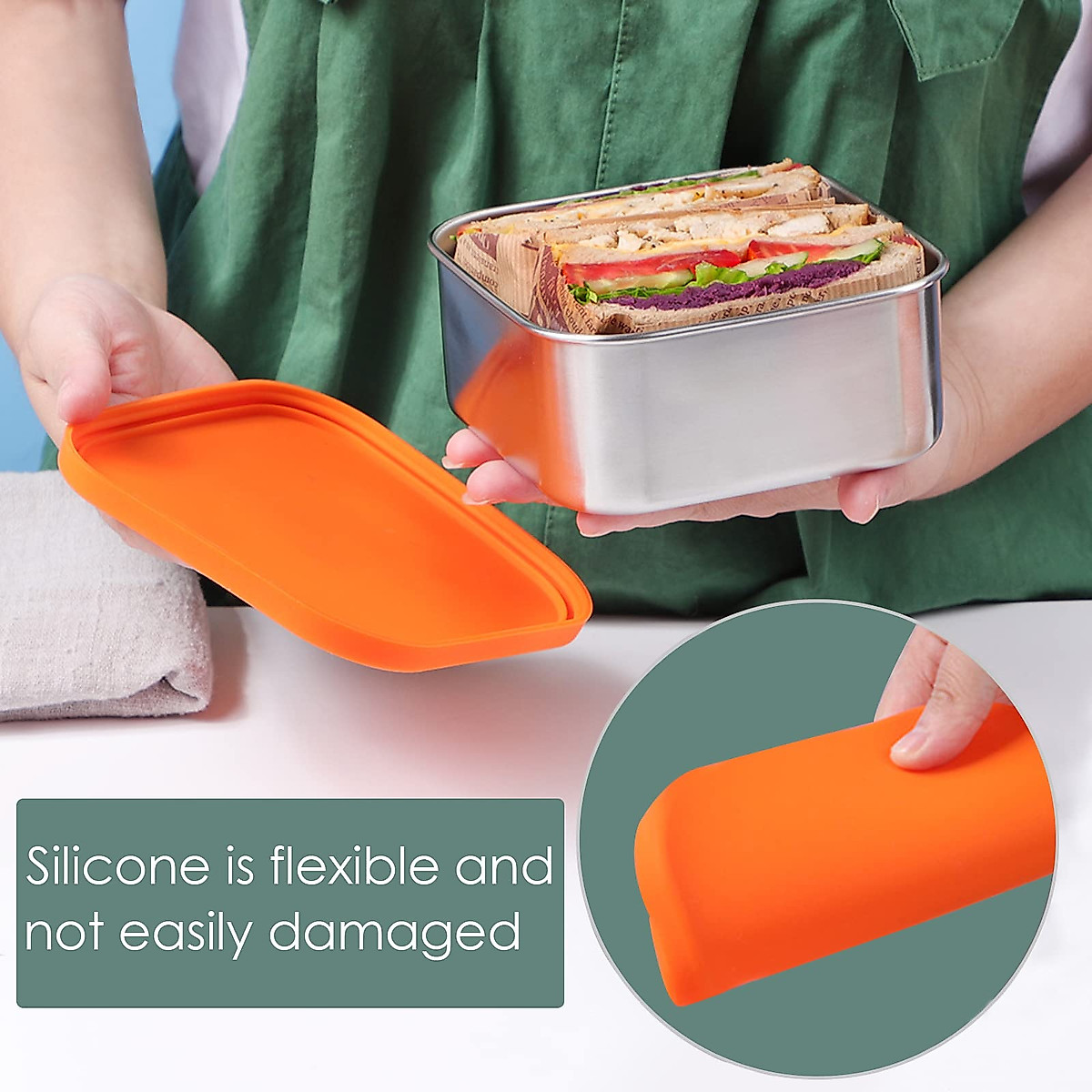 Linkidea 304 Stainless Steel Square Bento Lunch Box, with Silicone Lids Dishwasher Safe, Plastic Free Storage Bento Box Container (25oz)