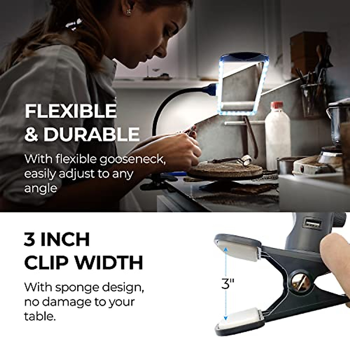 MagniPros 4X Magnifying Desk Lamp with Detachable Clamp, USB Fast Charge, Magnifying Glass with Stepless Dimming & Extra Large Viewing Area for Reading, Painting, Sewing, Crafts & Close Work