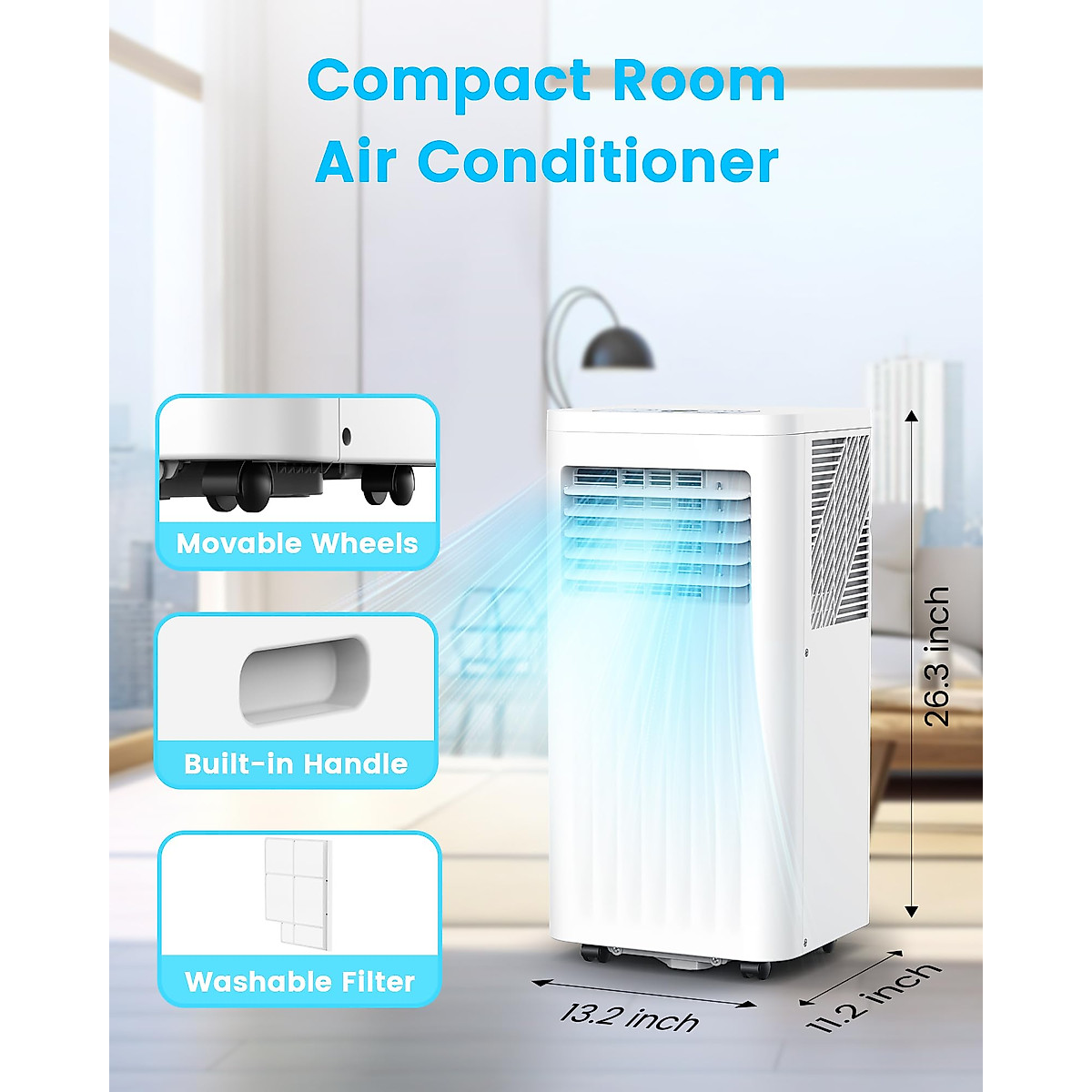 Joy Pebble 10000 BTU Portable Air Conditioners, 4 Modes portable AC with Cooling, Fan, Dehumidifier & Sleep Mode, Cooling up to 450 Sq.Ft. with 24H Timer/Digital Display/RC & Window Kit, White
