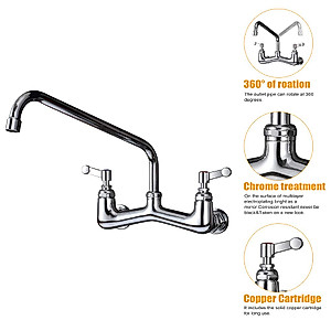 JZBRAIN 8 Inch Center Commercial Faucet Wall Mount Kitchen Faucet with Swing Spout, Heavy Duty Wall Mount Faucets Brass Chrome Brushed Wall Mounted Kitchen Sink Faucets (8 inch center,14 inch spout)