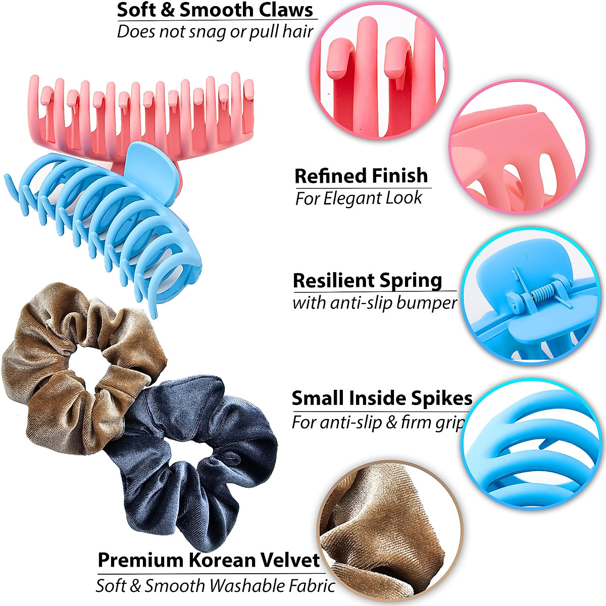 20 pack- Large Hair Clips for Thick Hair & Velvet Scrunchies, 4.3 & 4in Big Claw Clips Set with 4.5in Soft Scrunchies Matches Any Outfit for Any Hairstyle on any Occasion