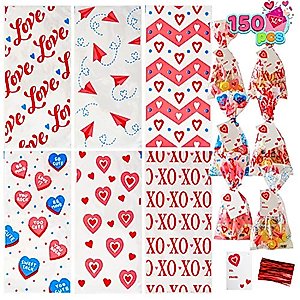JOYIN 150 Pcs Valentine Gift Bags Long Cellophane Bags with Gift Cards and Twist Ties Valentine Goodies Bags for Valentines Day Party Favors Supplies