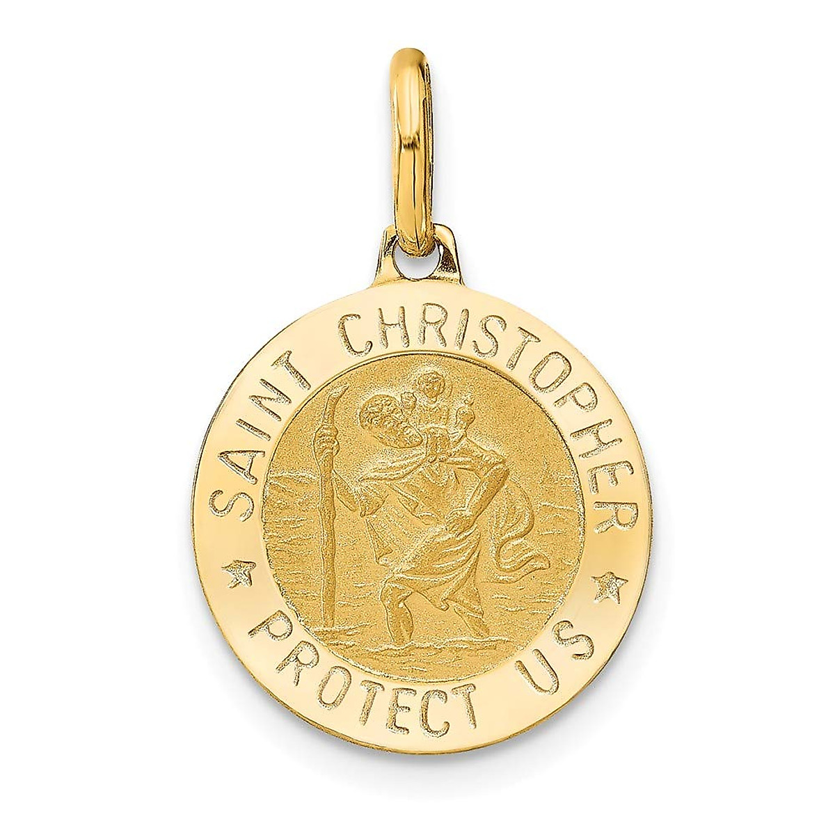 Solid 14k Yellow Gold Round Catholic Patron Saint Christopher Brushed Matte Finish Pendant Charm - 23mm x 15mm