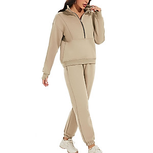 PEHMEA Women's 2 Piece Outfit Fleece Half Zip Sweatshirt and Joggers Pants Set Y2K Tracksuit Sweatsuit(LightKhaki-S)