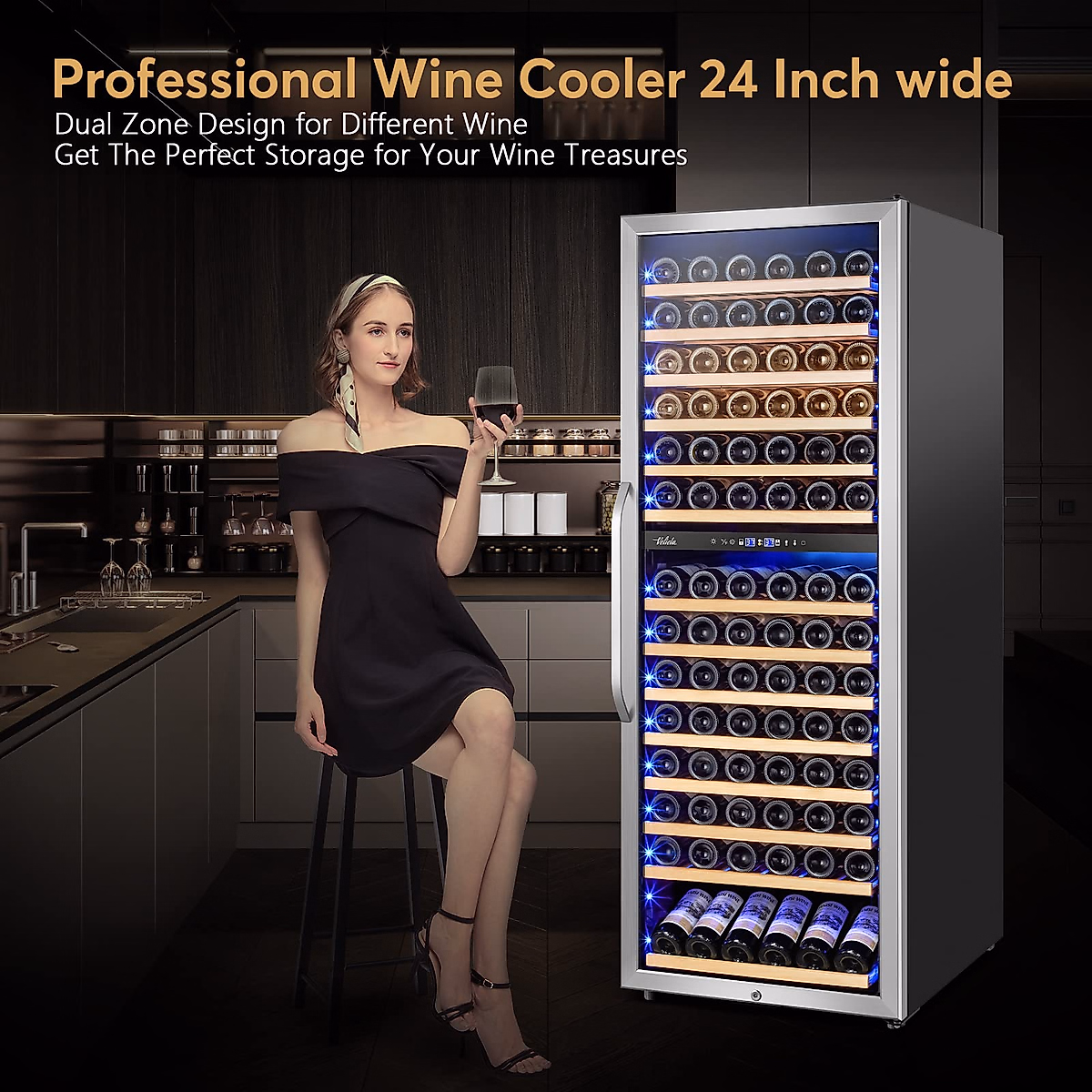 Velieta 24 Inch Wine Cooler Fridge Dual Zone, Professional Large Capacity High Wine Refrigerator with Powerful Compressor, Quiet Operation and Elegant Design-KMHJ408D